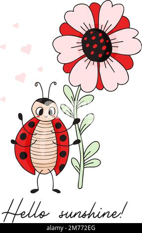 Cool postcard with cute ladybug. Funny insect ladybird on rainbow ...