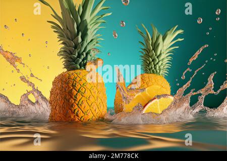 A closeup of pineapple slices and the juice splashes isolated on a dark ...