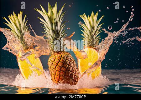 A closeup of pineapple slices and the juice splashes isolated on a dark ...