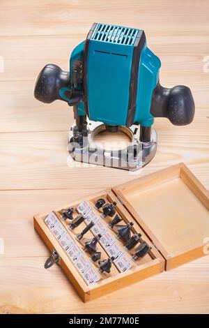 woodworking tools - roundover router bits in wooden box and plunge ...