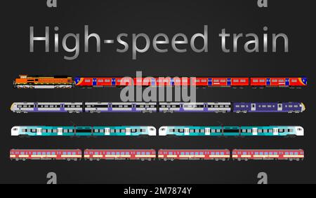 Isolated blueprint of blue modern train. Side, top and front views ...