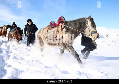 ALTAY, CHINA - JANUARY 8, 2023 - Chinese police patrol the border in ...