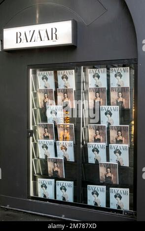 Harper's Bazaar magazines in a newspaper stand in the center of Milan ...