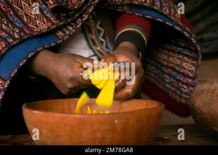 Cooking a traditional Andean vegetable soup before a Pachamanca feast ...