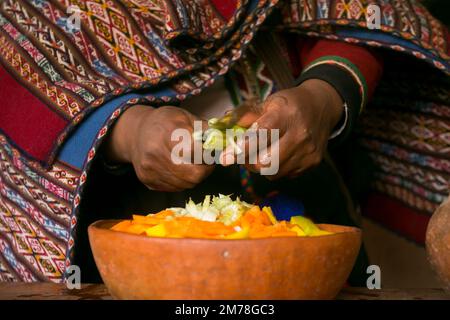 Cooking a traditional Andean vegetable soup before a Pachamanca feast ...