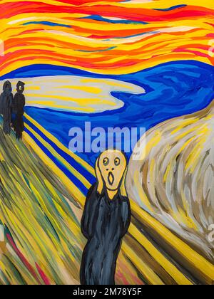 Fantasy Surreal scene. Man with red umbrella, light bulbs symbolizes ...