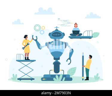 Tiny people building a robot with tools and gears, illustrating ...