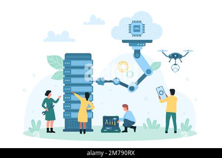 Cartoon tiny people control robot arms to make bright light bulb, work ...