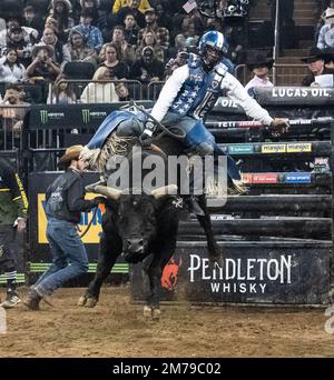 Professional bull rider Ezekiel Mitchell from Texas rides The Punisher ...