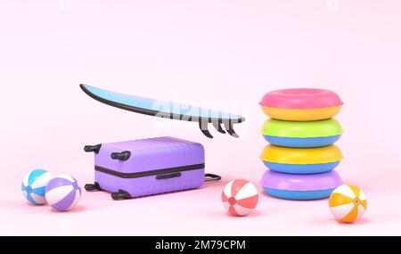 Colorful surfboard, beach rings and balls on pink background. 3D render ...
