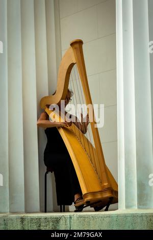 Lone female harpist, playing her harp between the columns of the ...