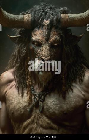 A Minotaur, the mythical monster from Greek mythology, in fighting pose ...