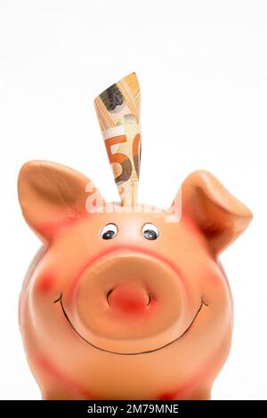 Piggy bank with fifty Euro banknote fall on the green background Stock Photo - Alamy