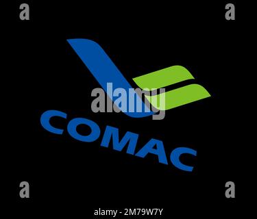 Comac, rotated logo, black background Stock Photo - Alamy