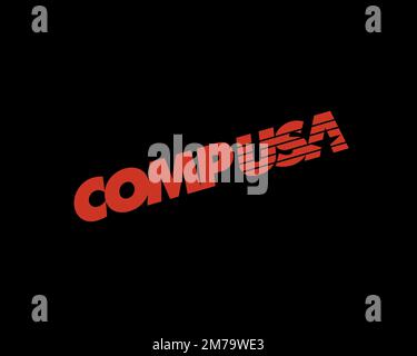 CompUSA, rotated logo, black background B Stock Photo - Alamy