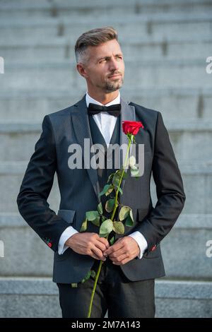 proposal concept. caucasian tuxedo man preparing for a proposal. man ...