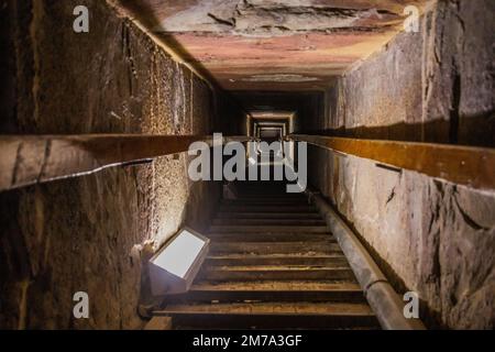 Tunnel entrance to the ancient Egyptian pyramid. A long passage in the ...