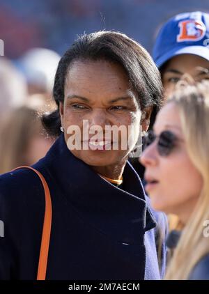 Denver Broncos owner Condoleezza Rice gestures before an NFL football ...