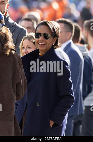 Denver Broncos owner Condoleezza Rice gestures before an NFL football ...