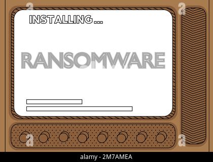 Cartoon Computer With the word Ransomware. Message of a screen ...