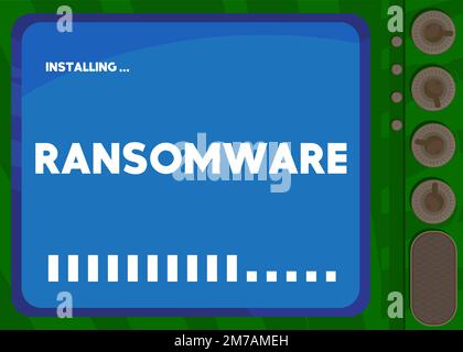 Cartoon Computer With the word Ransomware. Message of a screen ...