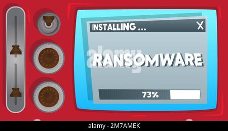 Cartoon Computer With the word Ransomware. Message of a screen ...