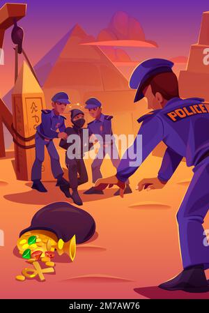 Policeman catch thief in desert in Egypt. African sand desert landscape ...
