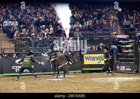 Professional Bull Rider rides Daniel Keeping bull Outlaw during PBR ...