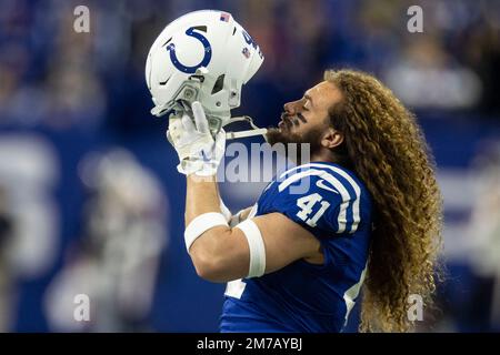 Indianapolis Colts linebacker Grant Stuard (41) runs off the field after an NFL football game ...