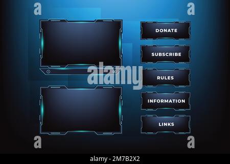 Overlay game stream interface, neon screen panel frames, vector live twitch UI buttons. Streamer ...
