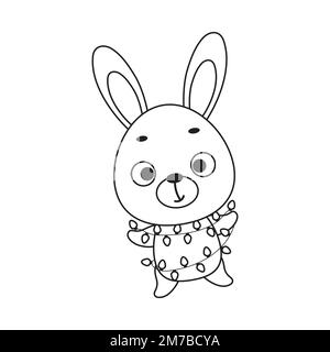 Cute bunny for coloring book. Christmas rabbit with garland. Black and ...