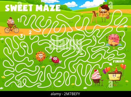 Labyrinth maze game cartoon bakery, sweets and dessert characters. Kids ...