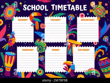 Timetable schedule, Brazilian and Mexican toucan birds and flowers ...