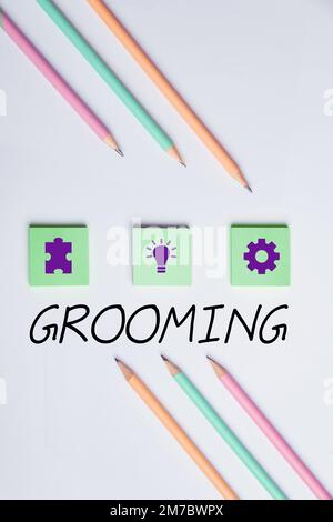 Writing displaying text Grooming, Word for hygienic care and enhancing ...