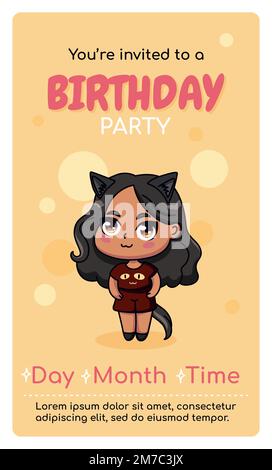 Happy birthday vertical invitation card with anime chibi girl Stock ...