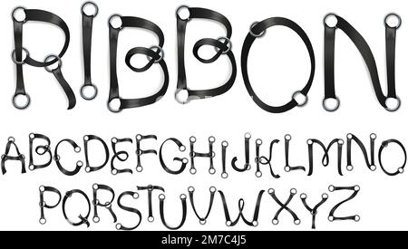 Black ribbon through eyelets font. Metal eyelet and stripe lettering ...