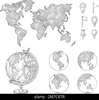 Sketch globe maps. Hand drawn earth lands, doodle world map with ...