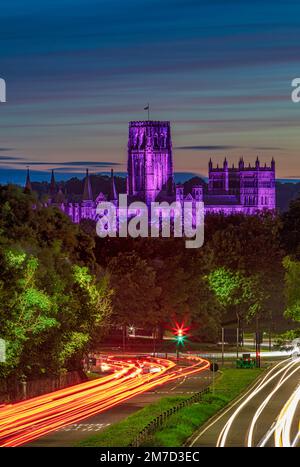 Durham Cathedral floodlit in purple to commemorate the death of Queen ...