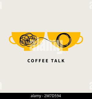 Coffee talk icon, two cups of coffee, tea. Funny faces, smile on mugs ...