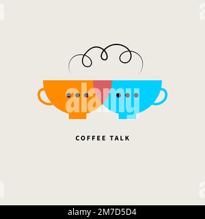 Coffee talk icon, two cups of coffee, tea. Funny faces, smile on mugs ...