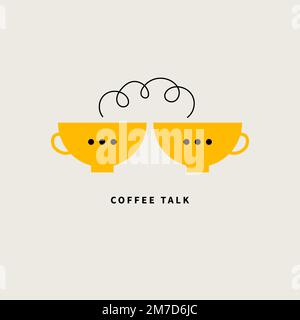 Coffee talk icon, two cups of coffee, tea. Funny faces, smile on mugs ...