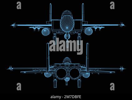 Wireframe of the aircraft from the blue lines. Polygonal plane. View ...