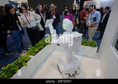 Aeo, a service robot from Aeolus Robotics is shown at the Aeolus booth ...