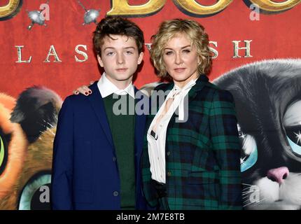 Amy Carlson, right, and son Nigel Butler attend the premiere of "Puss ...