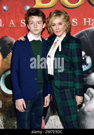 Amy Carlson, right, and son Nigel Butler attend the premiere of "Puss ...