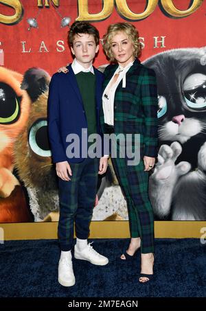 Amy Carlson, right, and son Nigel Butler attend the premiere of "Puss ...