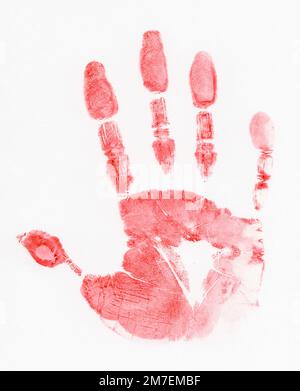 The imprint of a right hand in red, possibly blood , on white ...