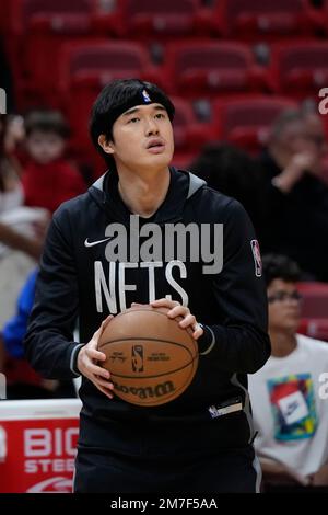 Brooklyn Nets forward Yuta Watanabe warms up before an NBA basketball ...