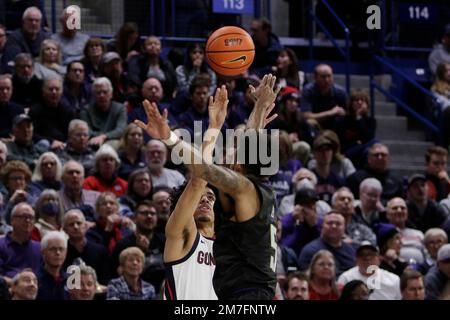 Gonzaga guard Julian Strawther (0) shoots a 3-pointer against BYU with ...
