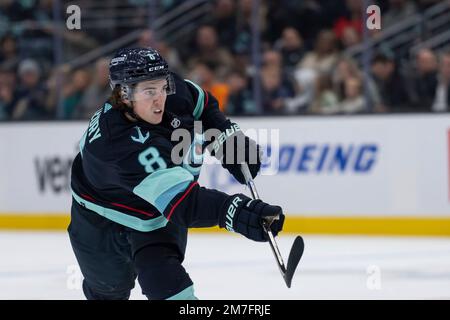 Seattle Kraken defenseman Cale Fleury (8) checks New Jersey Devils ...